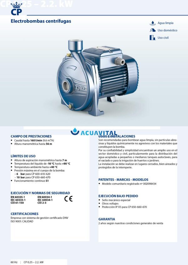 Bomba de agua 1HP 1in Pedrollo CPm 620