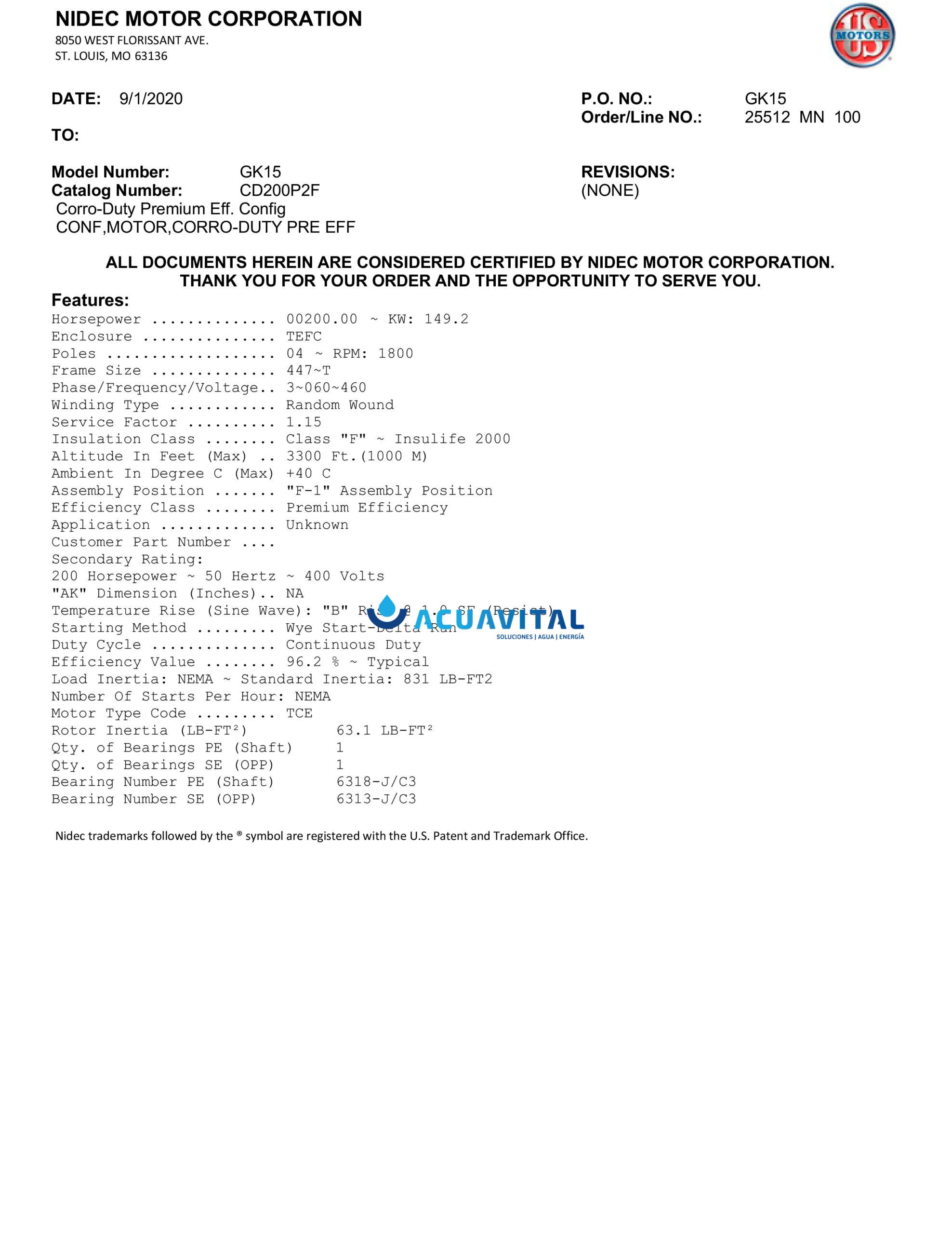 Motor electrico 200HP USmotor CD200P2F