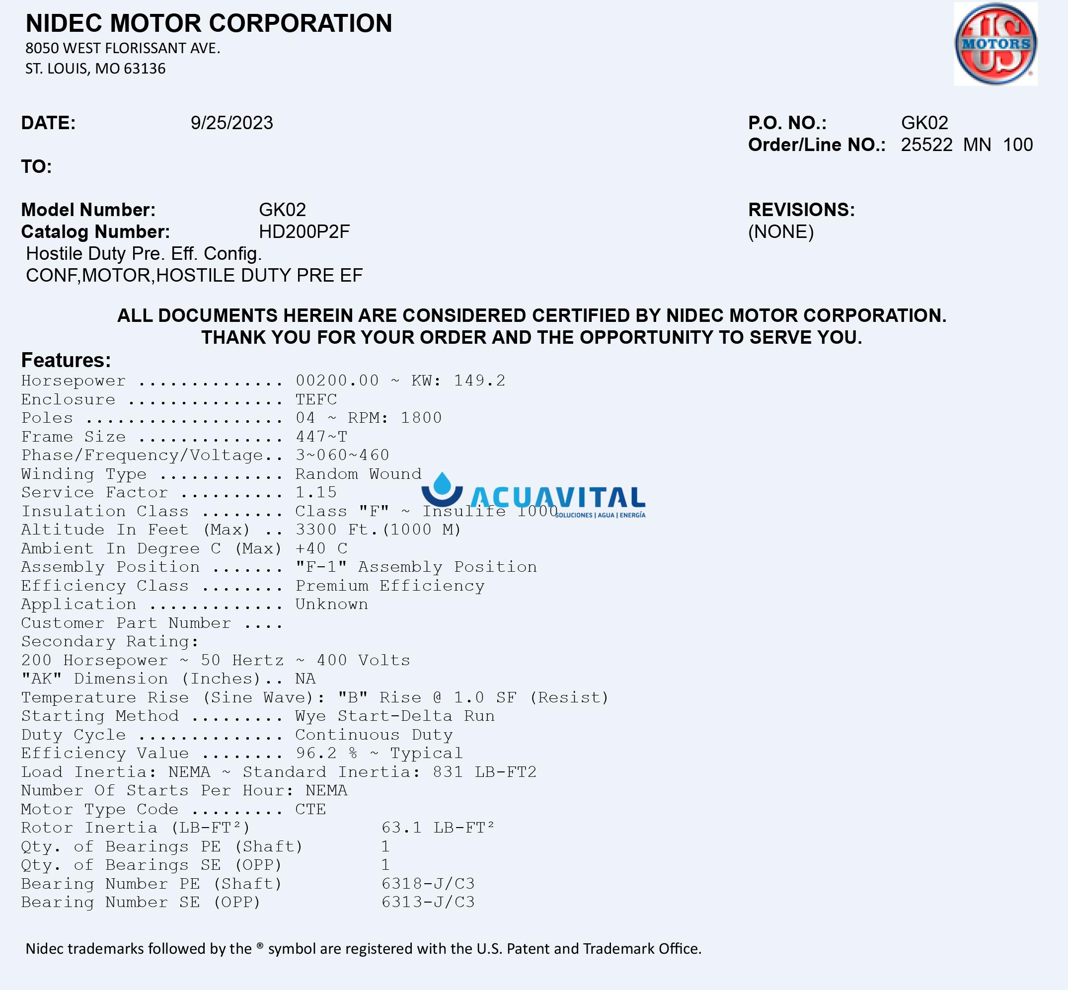 Motor electrico 200HP USmotor HD200P2F