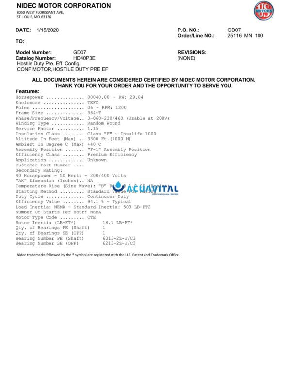 Motor electrico 40HP USmotor HD40P3E